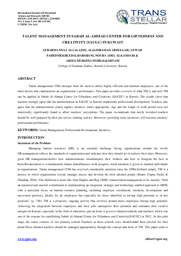 (PDF) TALENT MANAGEMENT IN SABAH AL-AHMAD CENTER FOR GIFTEDNESS AND ...