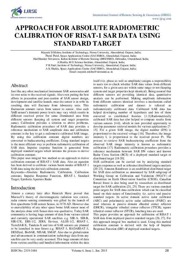 Pdf Approach For Absolute Radiometric Calibration Of Risat 1 Sar Data Using Standard Target