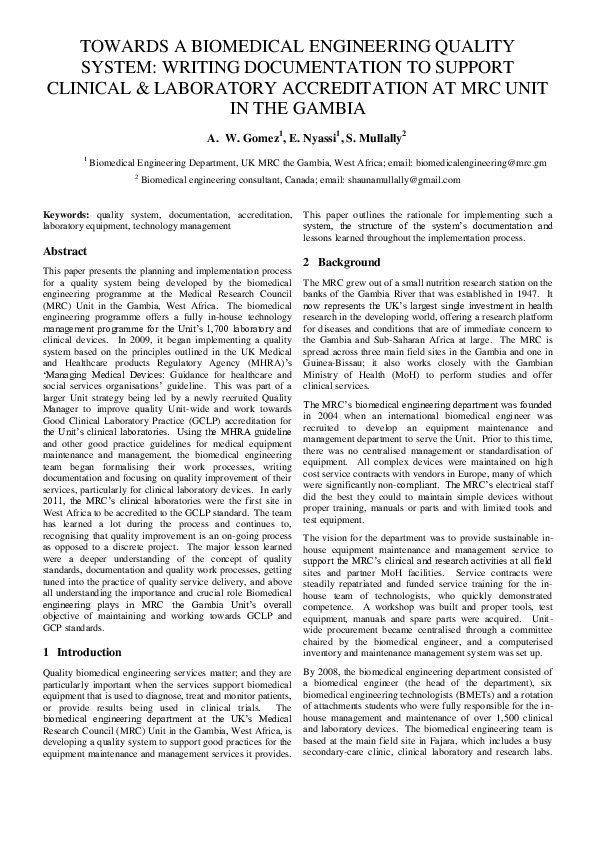 (PDF) TOWARDS A BIOMEDICAL ENGINEERING QUALITY SYSTEM: WRITING ...