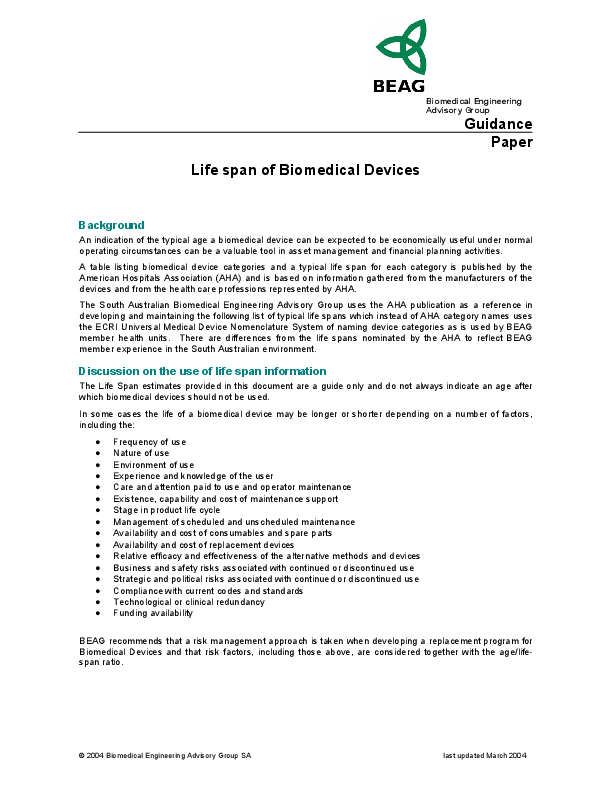 (PDF) Biomedical Engineering Advisory Group Guidance Paper Life span of ...
