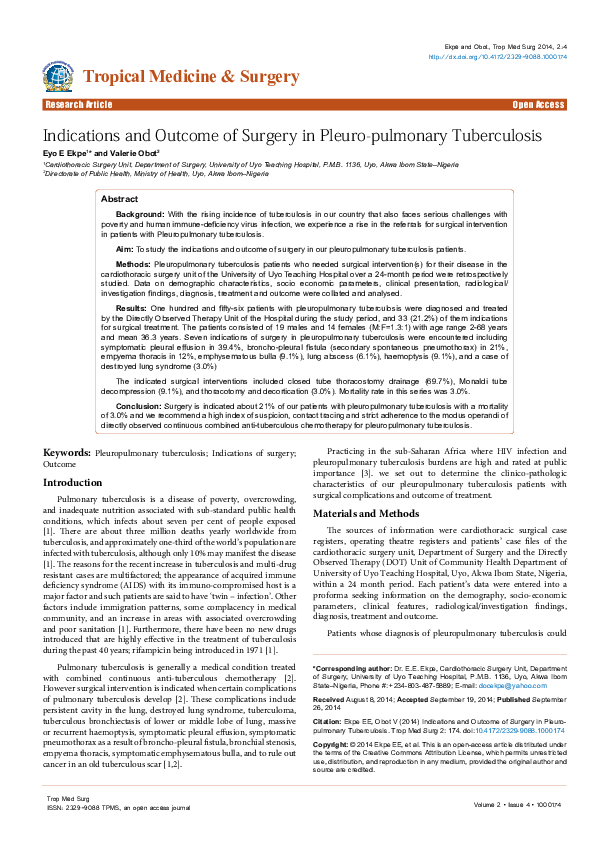 (PDF) Indications and outcome of treatment of surgery in pleuropulmonary tuberculosis