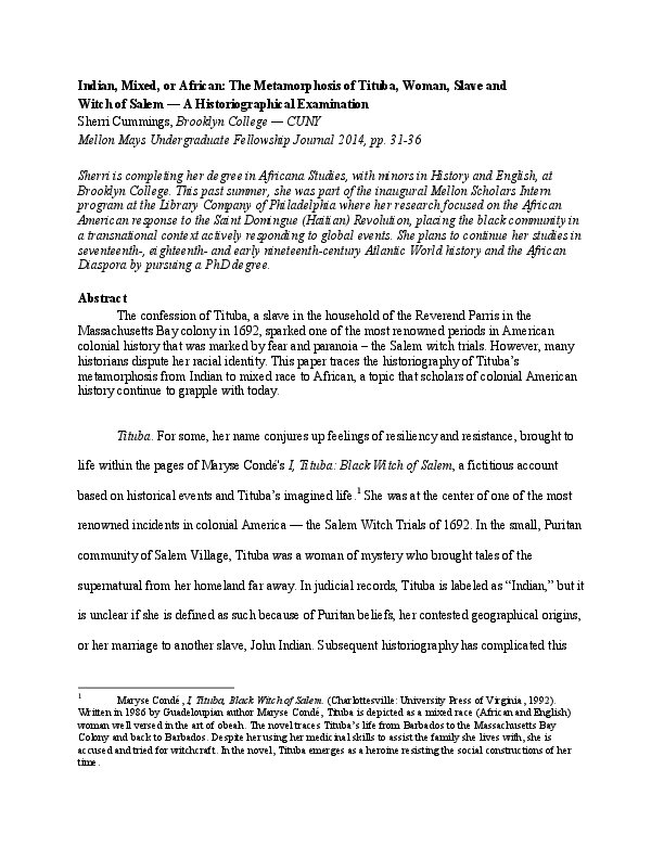 Indian, Mixed, or African: The Metamorphosis of Tituba, Woman, Slave ...