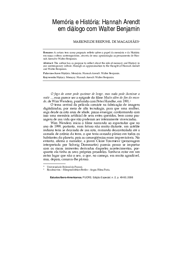 (PDF) Memória e História: Hannah Arendt em diálogo com Walter Benjamin. Estudos Ibero-Americanos ...