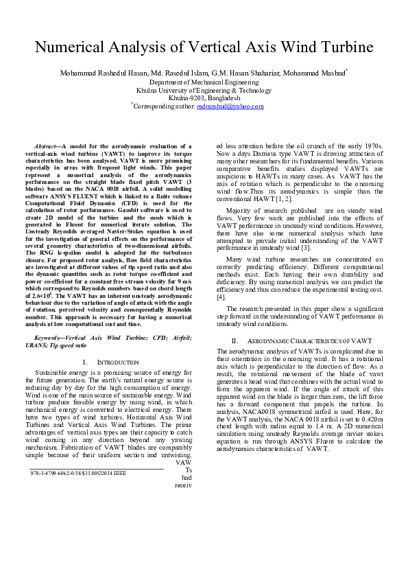 (PDF) Numerical analysis of vertical axis wind turbine