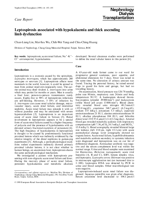 (PDF) Leptospirosis associated with hypokalaemia and thick ascending ...