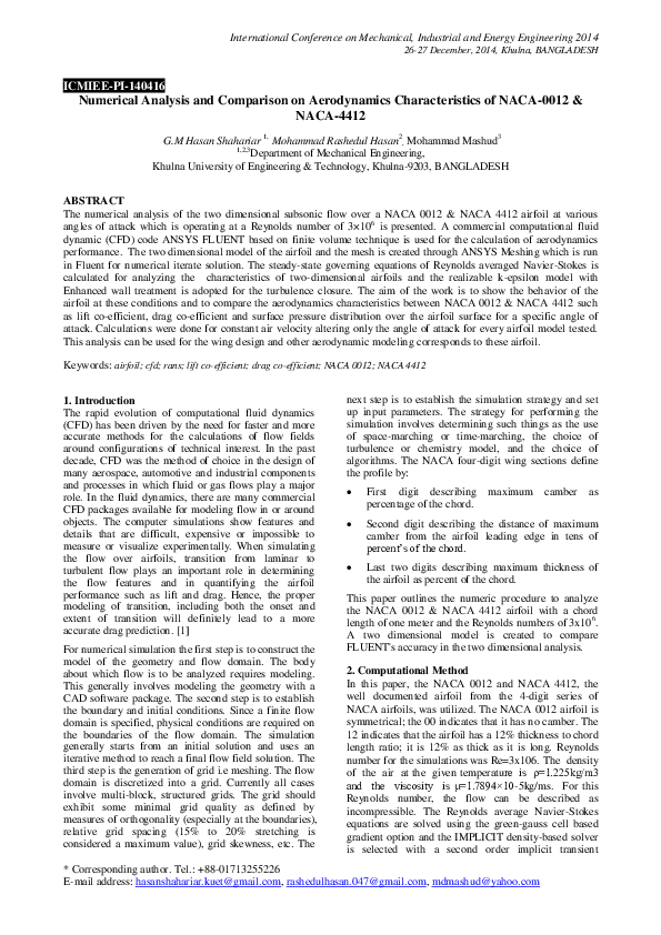 (PDF) Numerical Analysis and Comparison on Aerodynamics Characteristics on NACA-0012 & NACA-4412