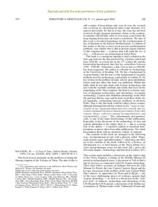 (PDF) Manfred Bietak, Rev. of: Sturt W. Manning, A Test of Time. Oxbow ...