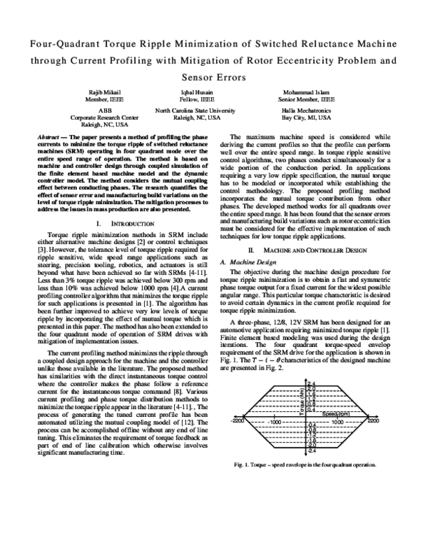 Pdf Four Quadrant Torque Ripple Minimization Of Switched Reluctance Machine Through Current