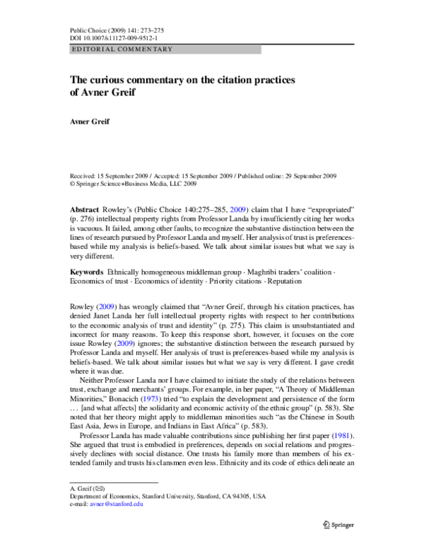 (PDF) The curious commentary on the citation practices of Avner Greif
