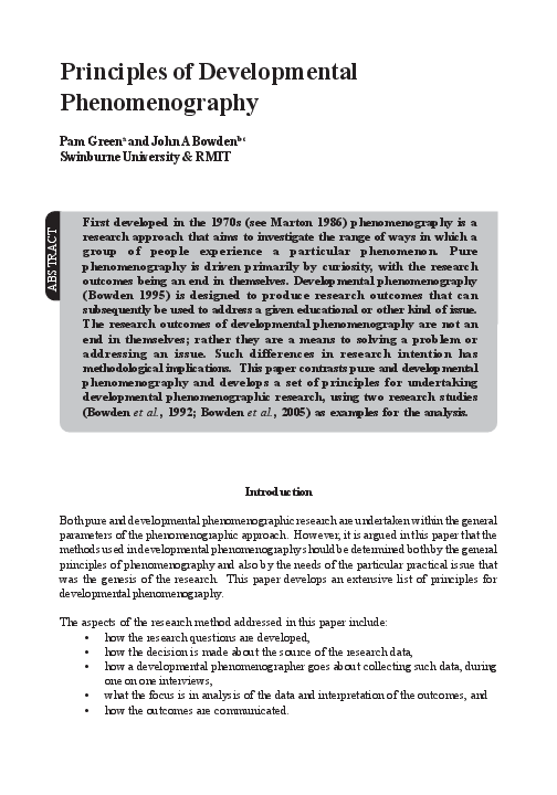 (PDF) 2009 Green & Bowden Principles of developmental phenomenography MJQR