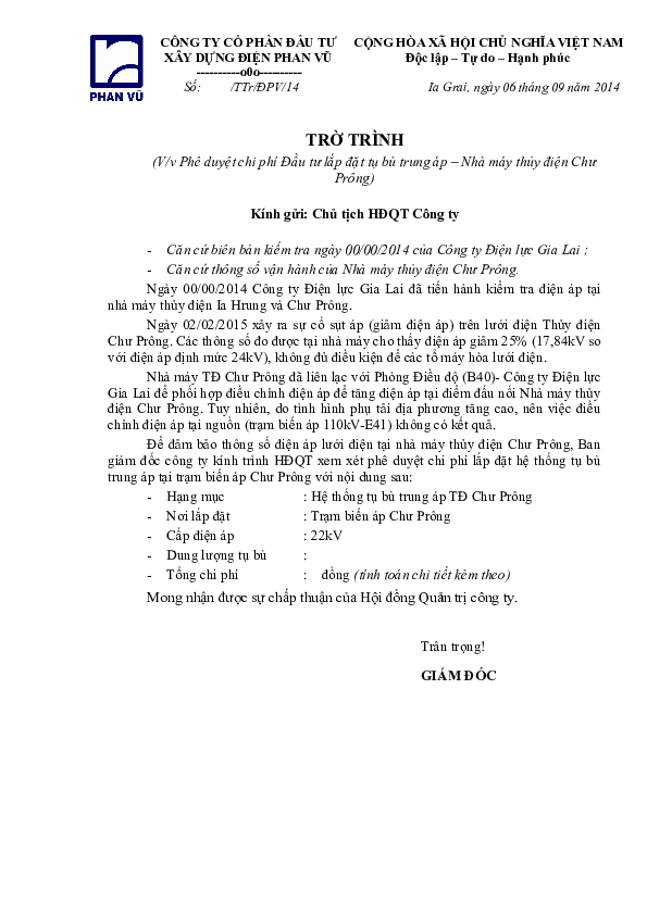 (DOC) C NG HÒA XÃ H I CH NGHĨA VI T NAM Kính g i: Ch t ch HĐQT Công ty