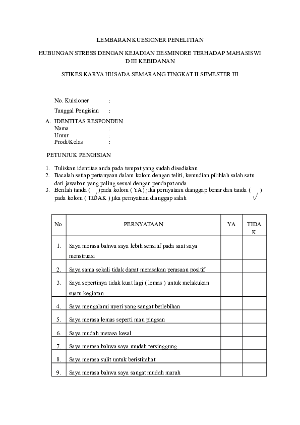 (DOC) LEMBARAN KUESIONER PENELITIAN HUBUNGAN STRESS DENGAN KEJADIAN ...
