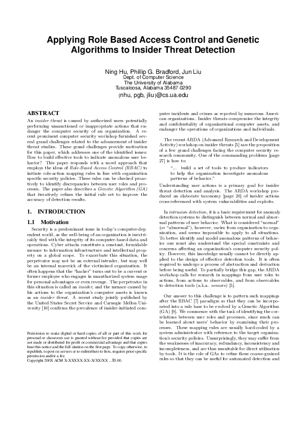 (PDF) Applying role based access control and genetic algorithms to insider threat detection