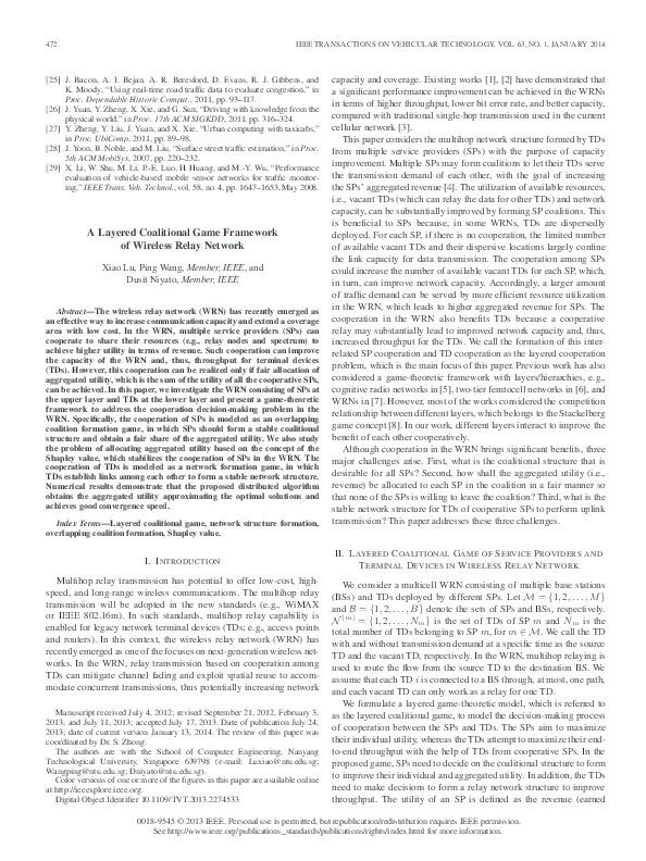 (PDF) A Layered Coalitional Game Framework of Wireless Relay Network