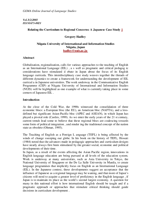 (PDF) Relating the Curriculum to Regional Concerns: A Japanese Case Study