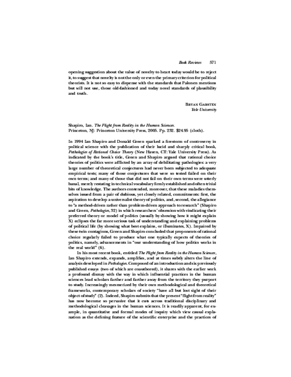 (PDF) Review of Ian Shapiro, The Flight from Reality in the Human Sciences