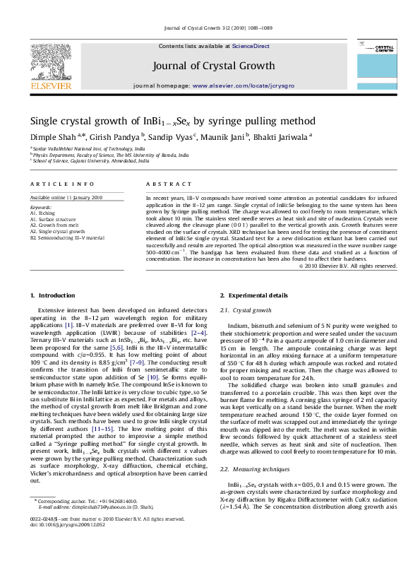 (PDF) Single crystal growth of InBi 1− x Se x by syringe pulling method