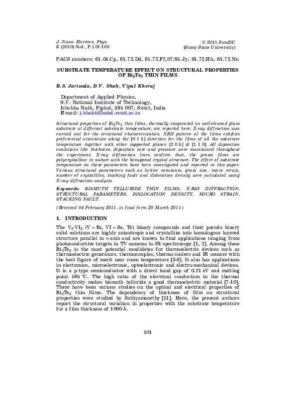 (PDF) SUBSTRATE TEMPERATURE EFFECT ON STRUCTURAL PROPERTIES OF Bi2Te3 THIN FILMS