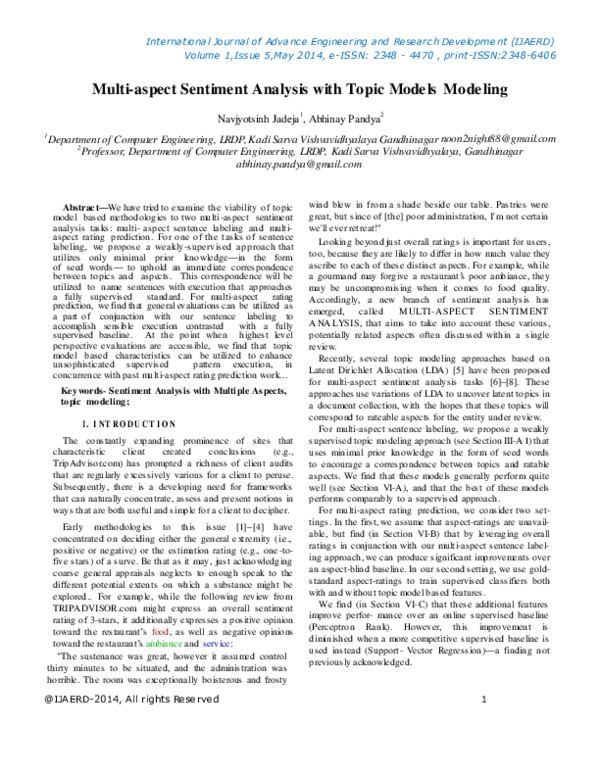(PDF) Multi Aspect Sentiment Analysis with Topic Models Modeling