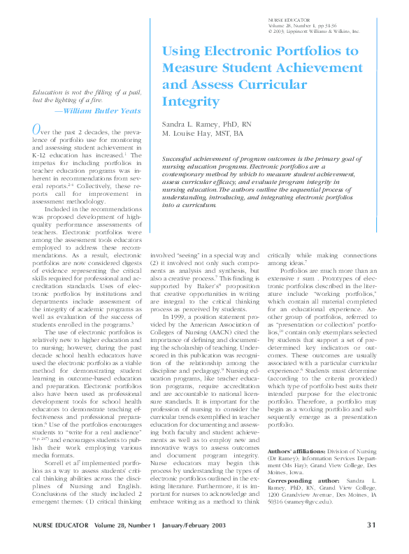 (PDF) Using Electronic Portfolios to Measure Student Achievement and Assess Curricular Integrity