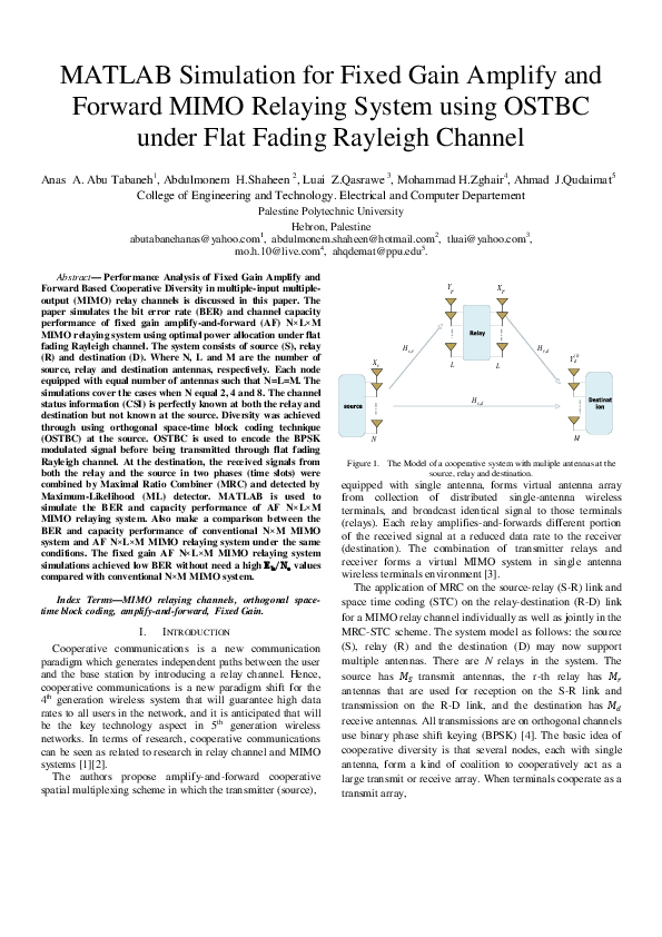 Pdf Matlab Simulation For Fixed Gain Amplify And Forward Mimo Relaying System Using Ostbc