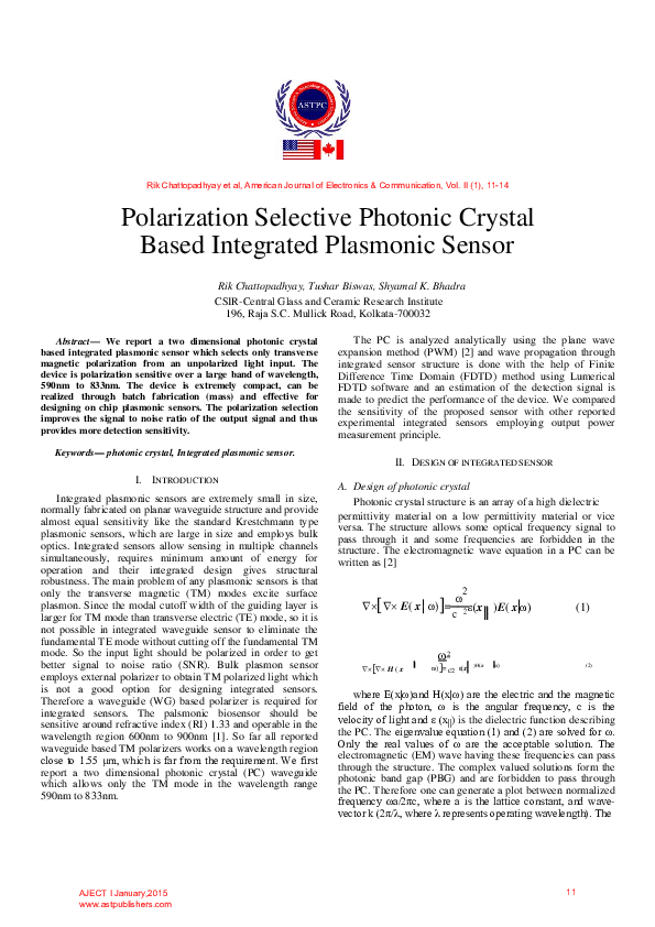 (PDF) Polarization Selective Photonic Crystal Based Integrated Plasmonic Sensor