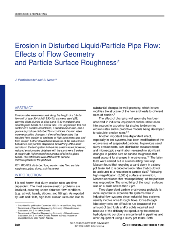 (PDF) Erosion in Disturbed Liquid/Particle Pipe Flow: Effects of Flow ...