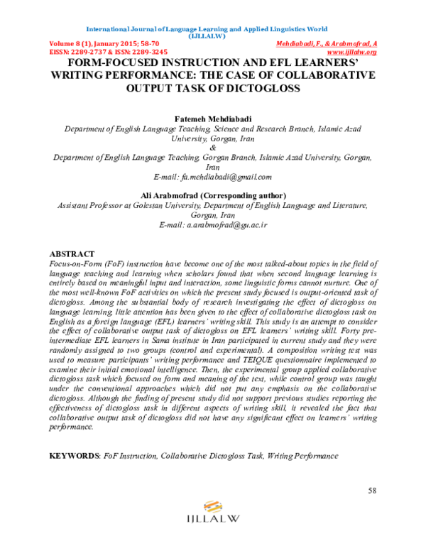 (PDF) Form-focused Instruction and EFL Learners' Writing Performance: The Case of Collaborative ...