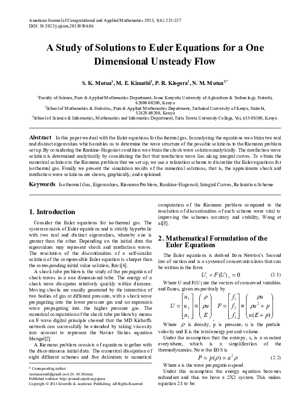 (PDF) A Study of Solutions to Euler Equations for a One Dimensional Unsteady Flow