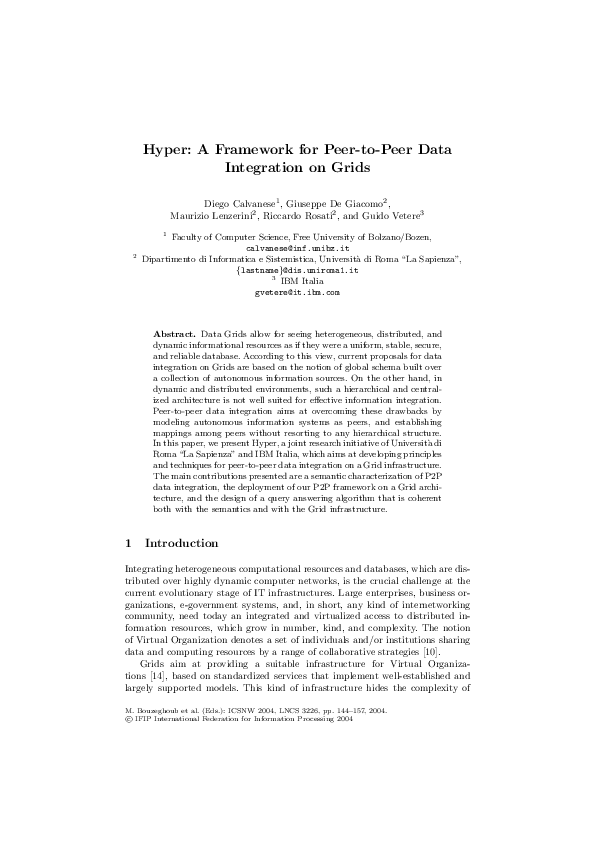 (PDF) Hyper: A framework for peer-to-peer data integration on grids | Guido Vetere - Academia.edu