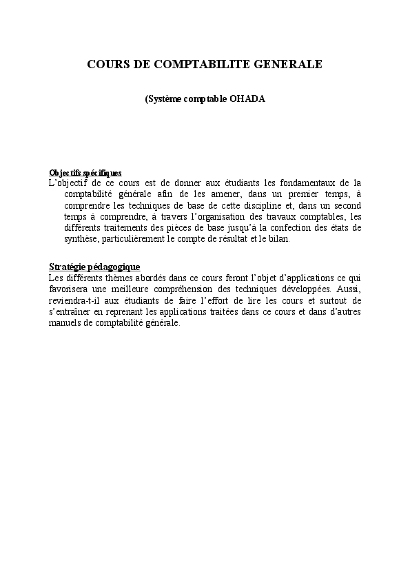 (DOC) COURS DE COMPTABILITE GENERALE (Système comptable OHADA