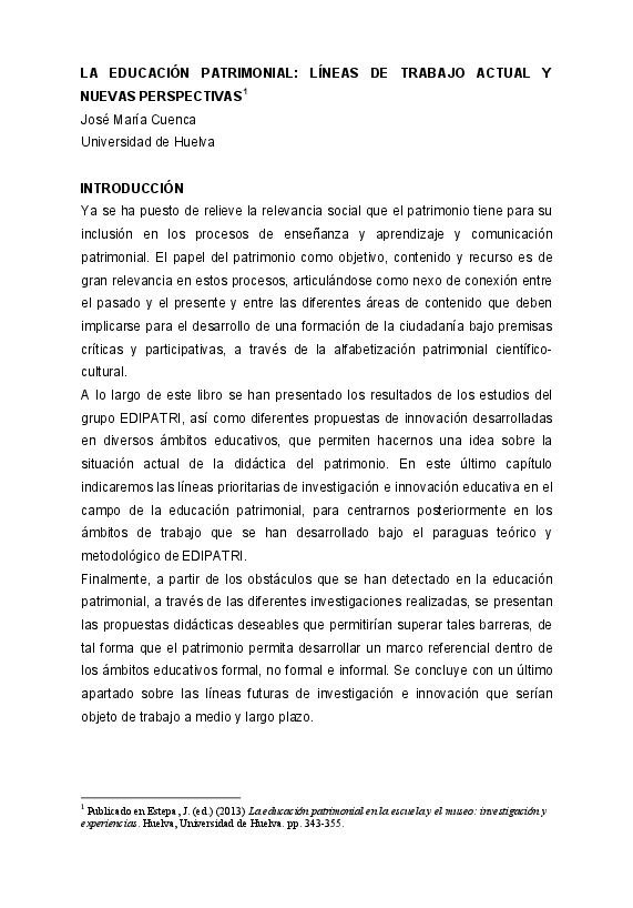 (PDF) La educación patrimonial: líneas de investigación actual y nuevas perspectivas.