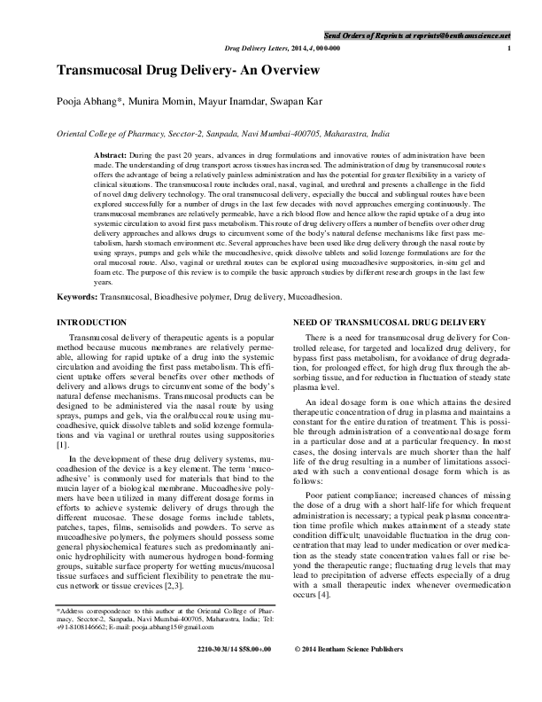 (PDF) Transmucosal Drug Delivery- An Overview