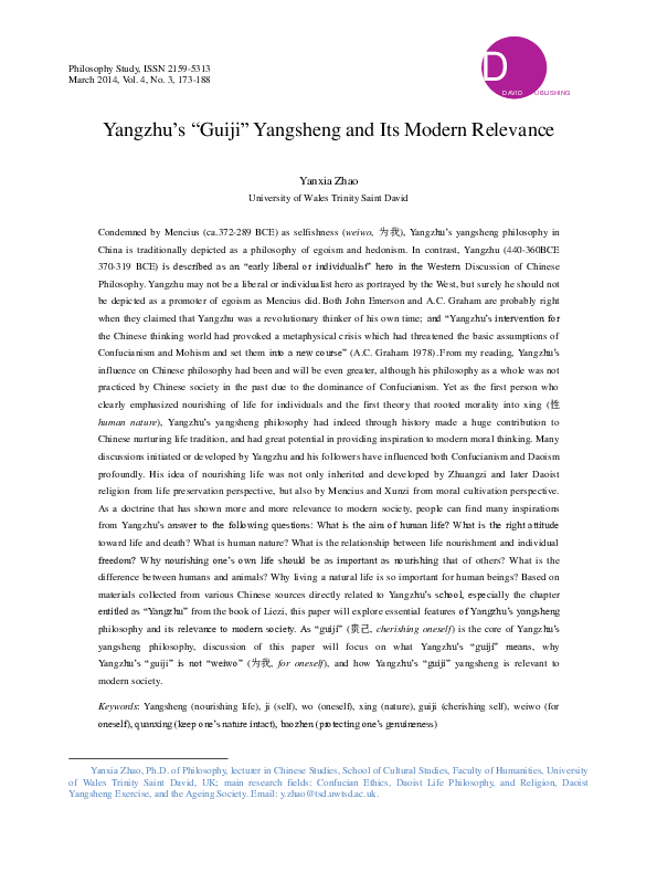 (PDF) Yangzhu's Guiji Yangsheng and Its Modern Relevance
