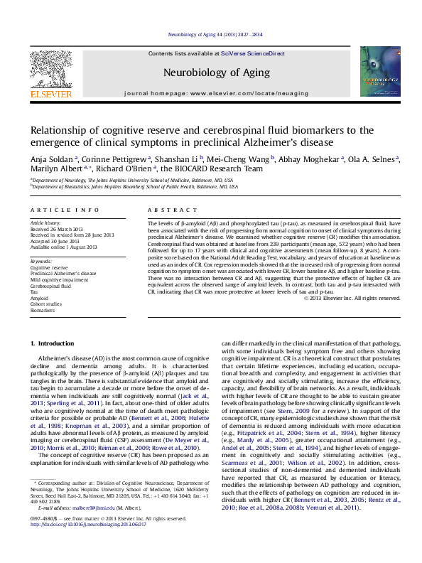 (PDF) Relationship of cognitive reserve and cerebrospinal fluid biomarkers to the emergence of ...
