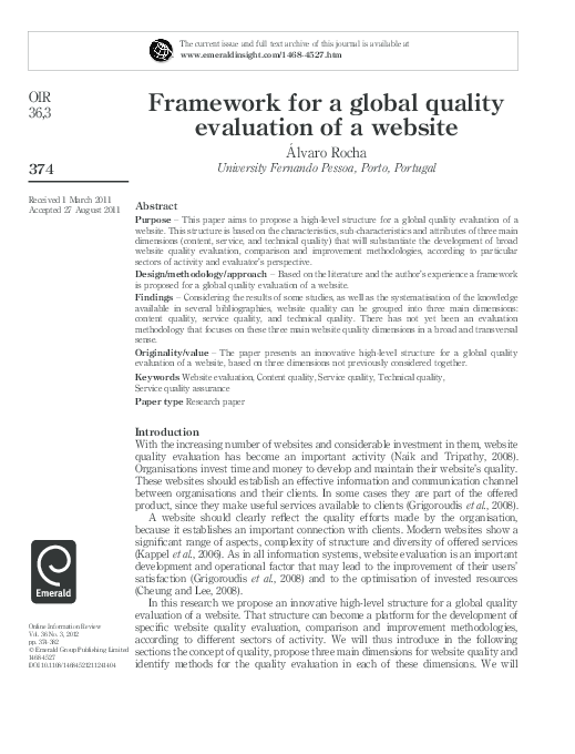 Framework for a global quality evaluation of a website
