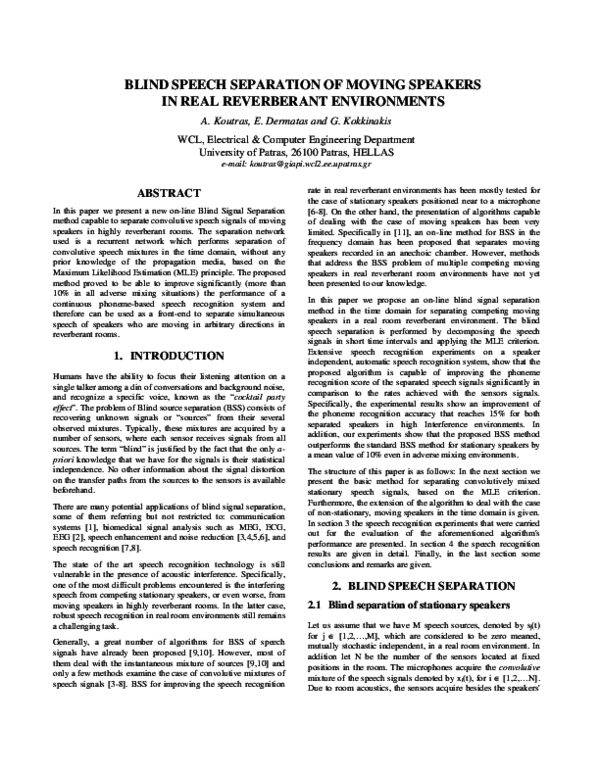 Pdf Blind Separation Of Non Linear Convolved Speech Mixtures