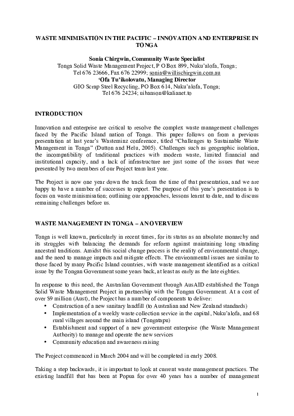 (PDF) WASTE MINIMISATION IN THE PACIFIC - INNOVATION AND ENTERPRISE IN ...