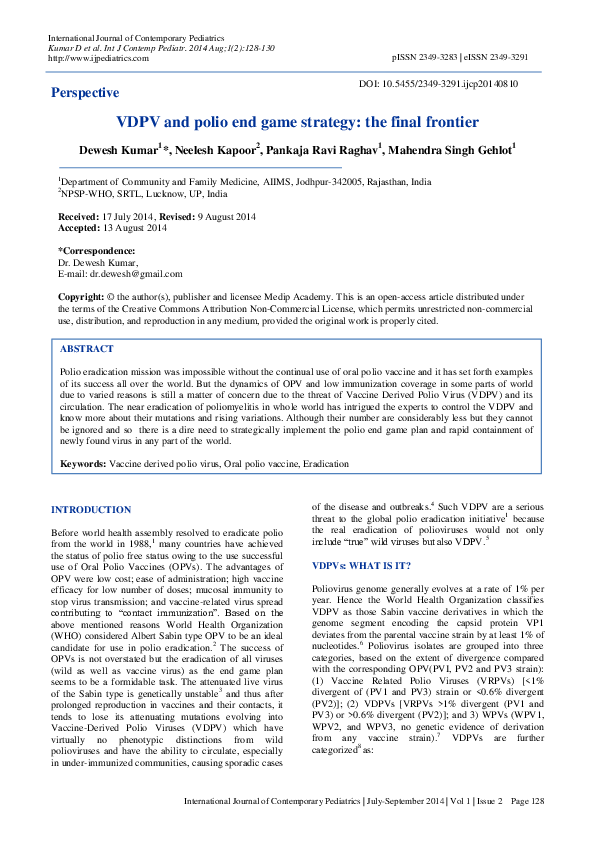 (PDF) VDPV and polio end game strategy: the final frontier