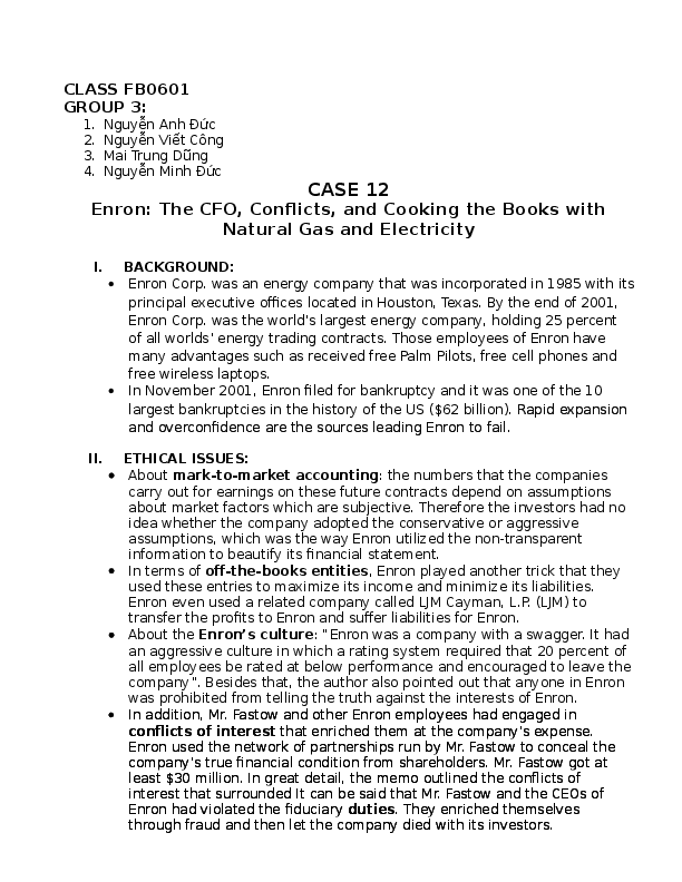 (DOC) Case 12 - enron: The CFO, Conflict, and Cooking the Books with ...