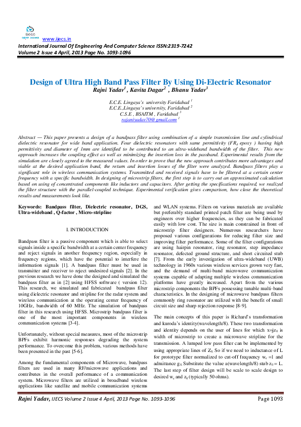 (PDF) Design of Ultra High Band Pass Filter By Using Di-Electric Resonator