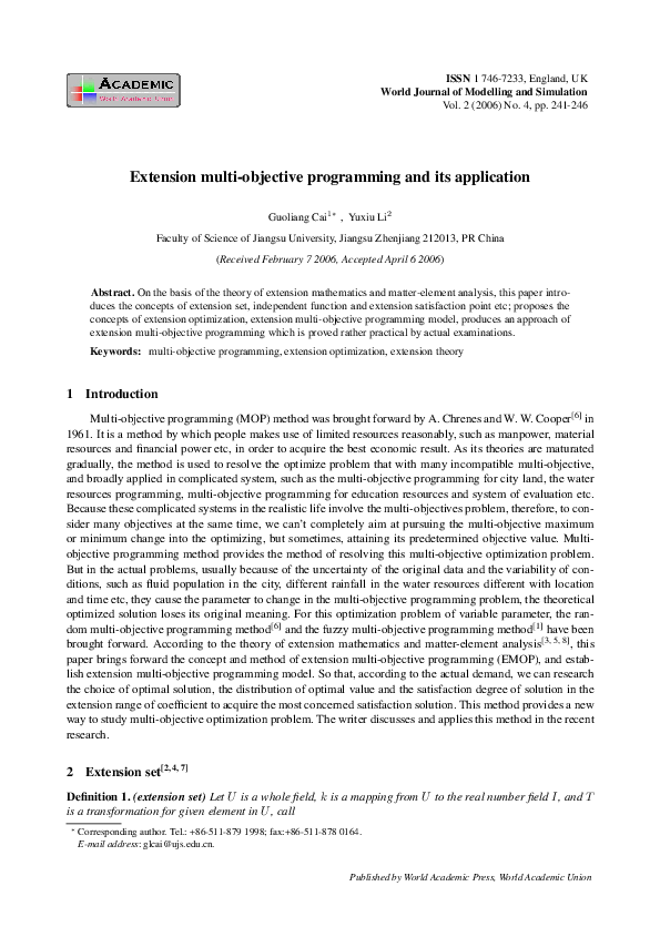 Pdf Extension Multi Objective Programming And Its Application