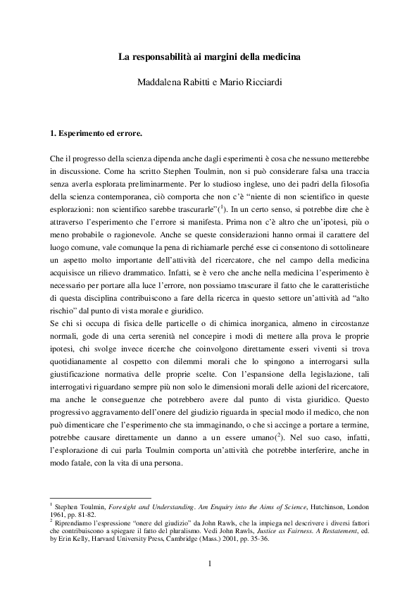 (PDF) La responsabilità ai margini della medicina