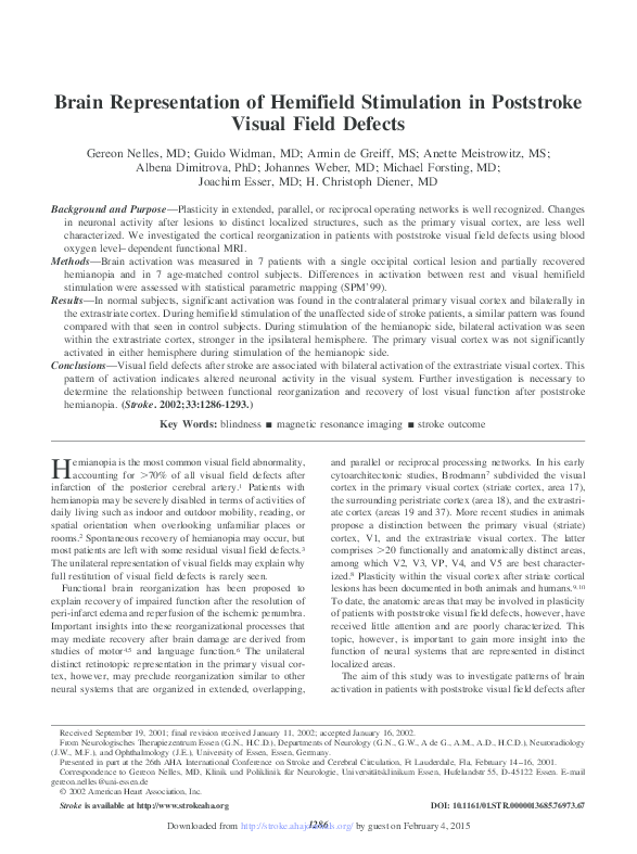 (PDF) Brain Representation of Hemifield Stimulation in Poststroke ...