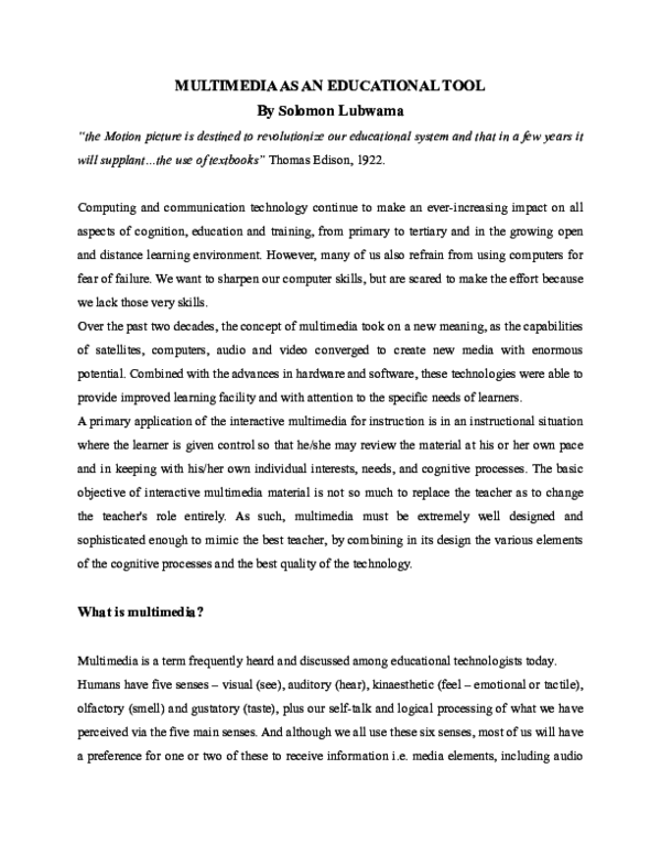 Pdf Using Multimedia As An Education Tool