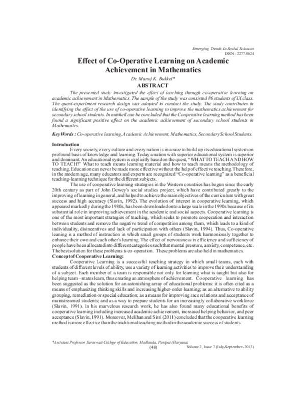 (PDF) Effect of Co-Operative Learning on Academic Achievement in ...