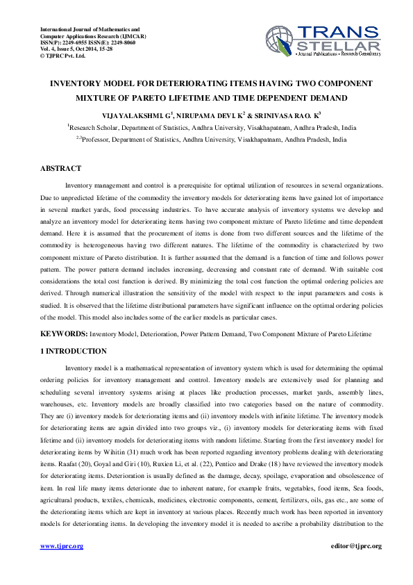 Pdf Inventory Model For Deteriorating Items Having Two Component Mixture Of Pareto Lifetime