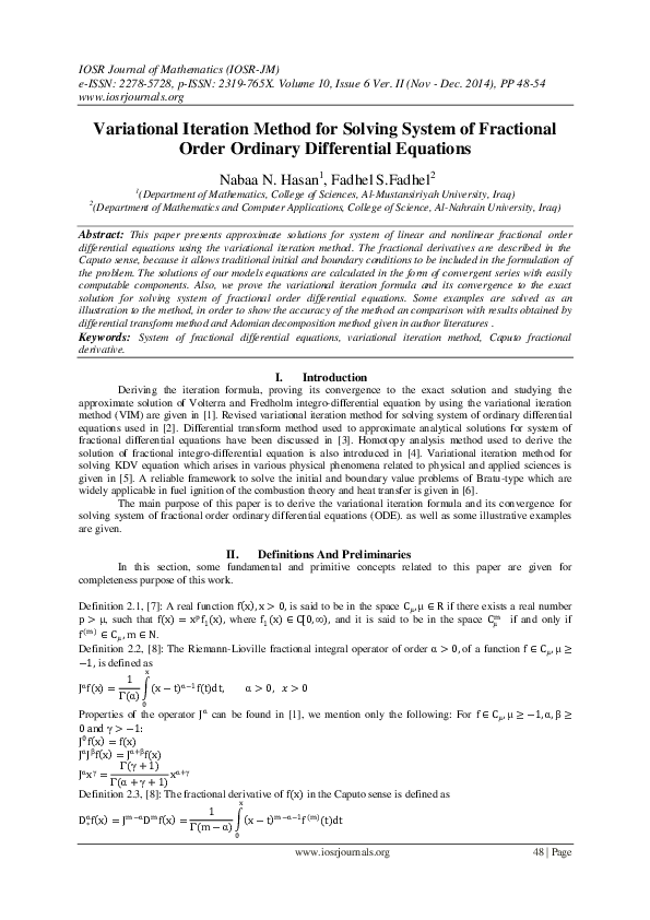 Pdf Variational Iteration Method For Solving System Of Fractional Order Ordinary Differential