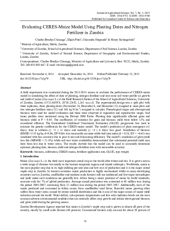 Pdf Evaluating Ceres Maize Model Using Planting Dates And Nitrogen Fertilizer In Zambia