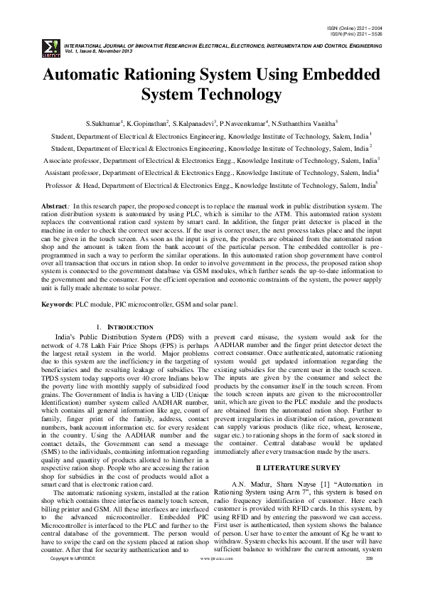 (PDF) Automatic Rationing System Using Embedded System Technology